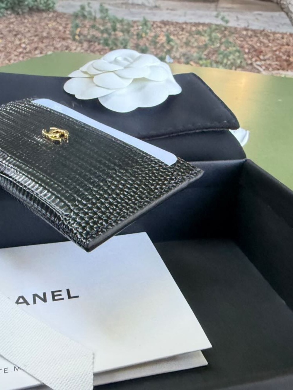 CHANEL | Bags | Chanel Black Lizard Crocodile Embossed Dart Card Sleeve ...